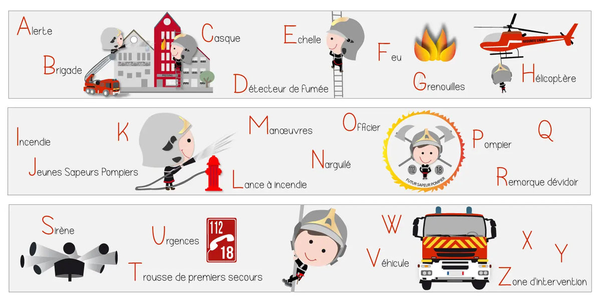 Frise papier alphabet et vocabulaire thème pompier – L'Atelier BABY'SPHERE